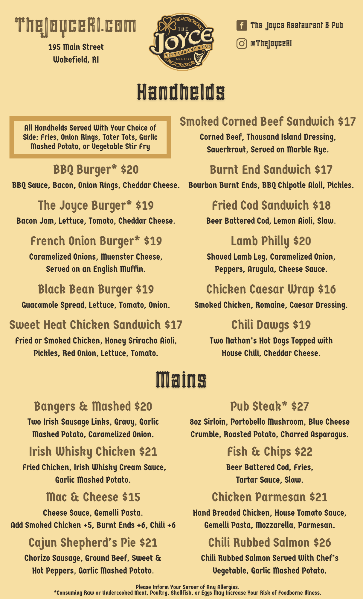 Menu - The Joyce Restaurant & Pub